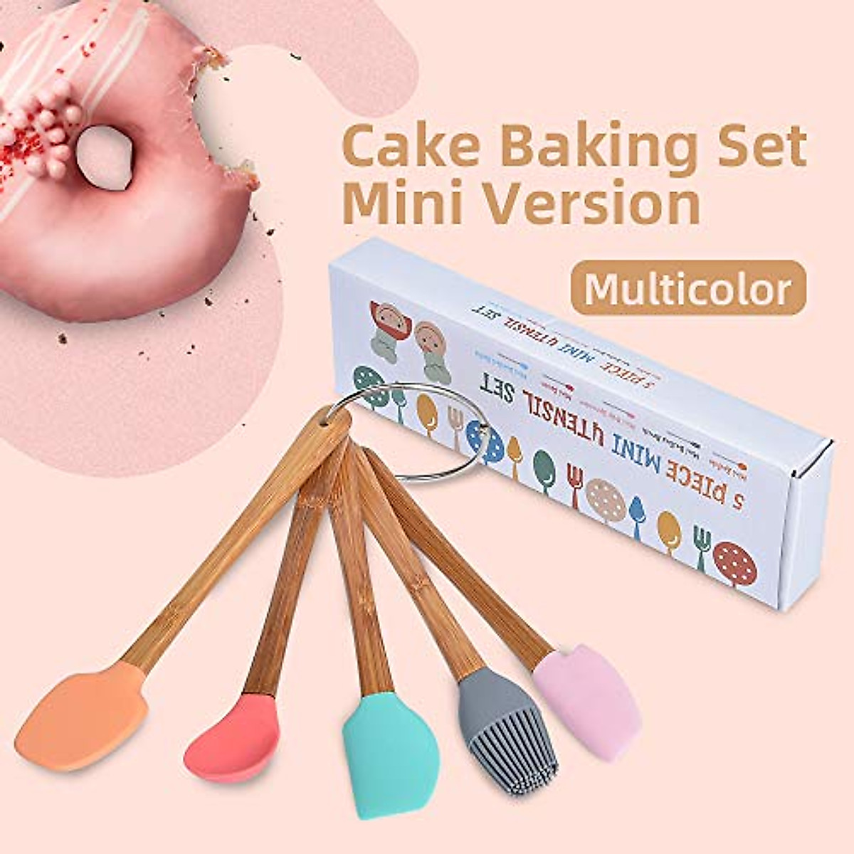 5 Piece Silicone Spatula,Mini Rubber Spatula Wooden Handle,Heat Resistant Silicone Spatula Set,Kitchen Utensils Non-Stick For Baking,Cooking And Mixing