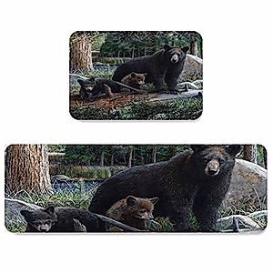 SUN-Shine Funny Rustic Black Bear Kitchen Rugs and Mats 2 Pieces,Cubs Family Theme Decorative Carpet Floor Mat for Home Holiday Runner Bathroom Non Slip Doormat