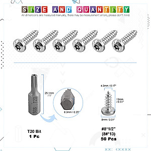 Glarks 51Pcs #8 x 1/2'' Button Head Torx Security Sheet Metal Screws Stainless Steel Tamper Resistant Screws Set with T20 Bit (50pcs #8 x 1/2'')