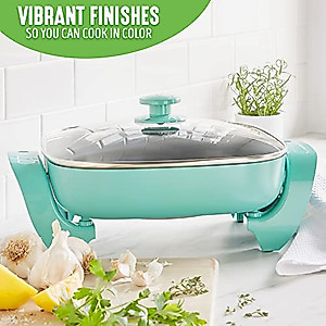 GreenLife Healthy Ceramic Nonstick, 12" 5QT Square Electric Skillet with Glass Lid, Dishwasher Safe, Adjustable Temperature Control, PFAS-Free, 8"D x 12"W x 6"H, 120 Volts, Turquoise