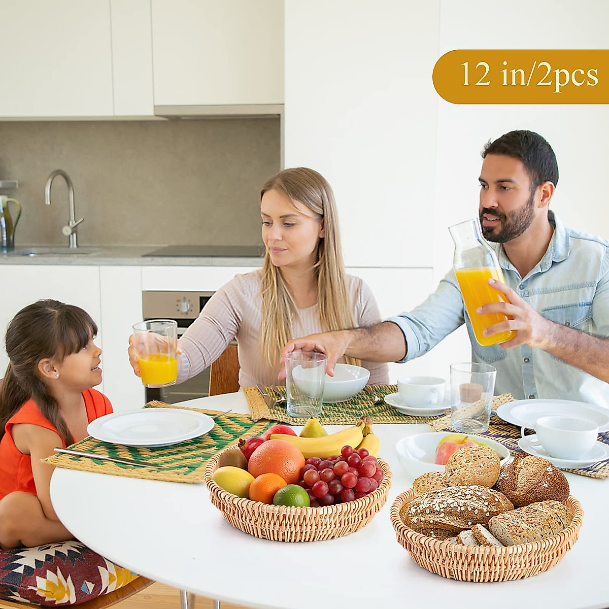 ZENFUN Set of 2 Natural Wicker Bread Baskets, 12" Round Rattan Woven Fruit Basket, Handmade Willow Food Storage Baskets for Serving Vegetable, for Kitchen, Home