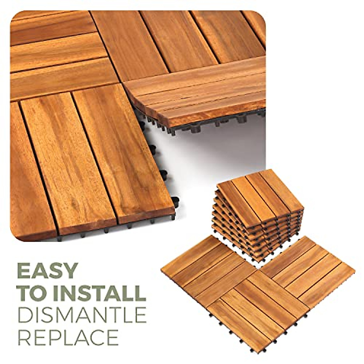 Wood Interlocking Flooring Tiles (Pack of 10, 12" x 12"), Solid Wood Acacia Deck Tiles Interlocking, Patio Tiles Outdoor Interlocking Waterproof All Weather (4 Slat, Natural Color)