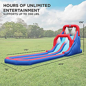 Sunny & Fun Dual Splash Inflatable Water Racing Slide Park – Heavy-Duty for Outdoor Fun - Climbing Wall, Two Slides & Splash Pool – Easy to Set Up & Inflate with Included Air Pump & Carrying Case