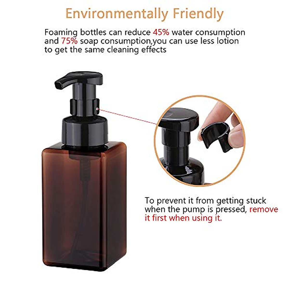 UUJOLY Foaming Soap Dispenser, 450ml (15oz) Refillable Pump Bottle Plastic for Liquid Soap, Shampoo, Body Wash (2 Pcs) (Amber)