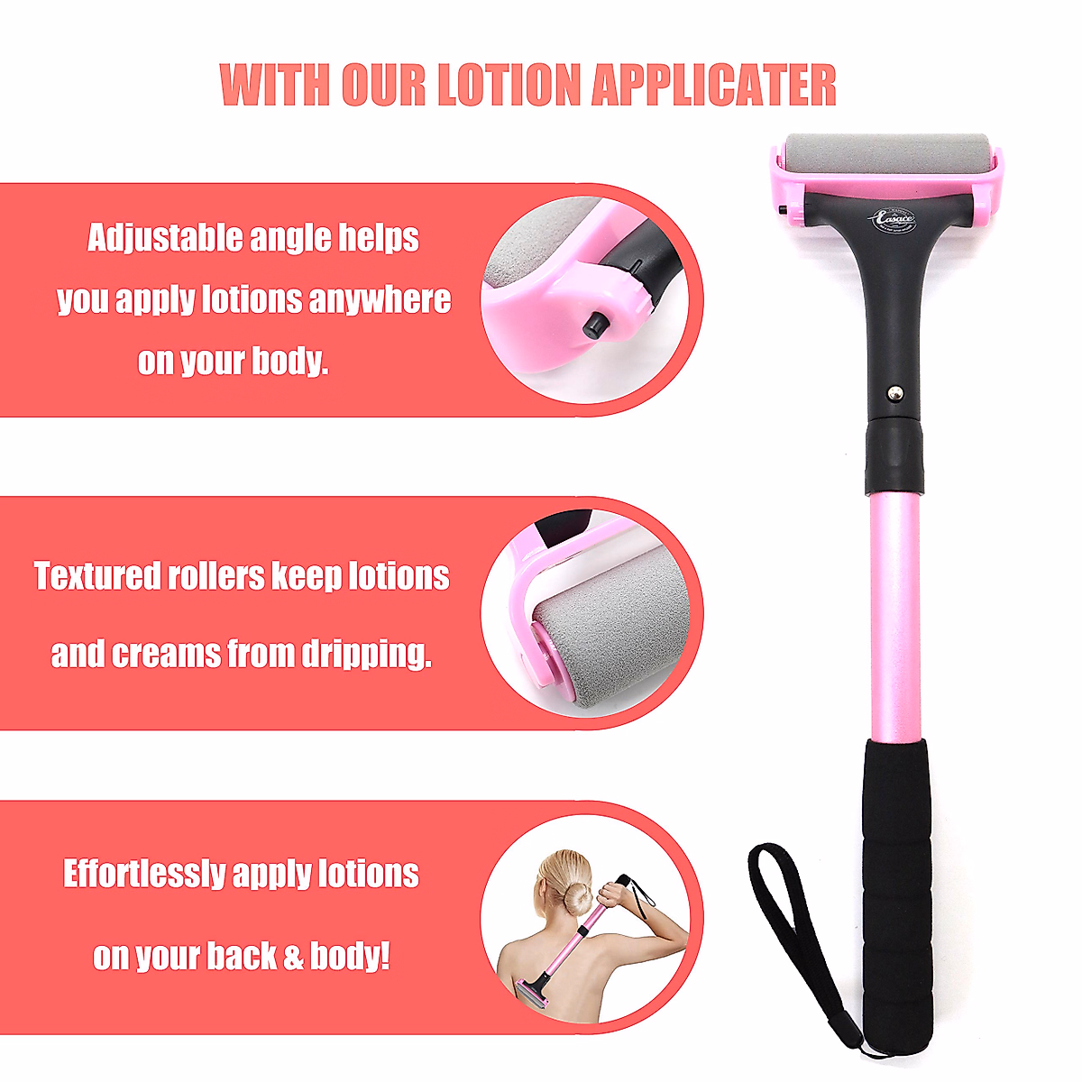 EASACE Lotion Applicator for Back & Body, Long Handle 21.5inch Adjustable Lotion Roller with 2 Replacement Roller for Back self(Pink)