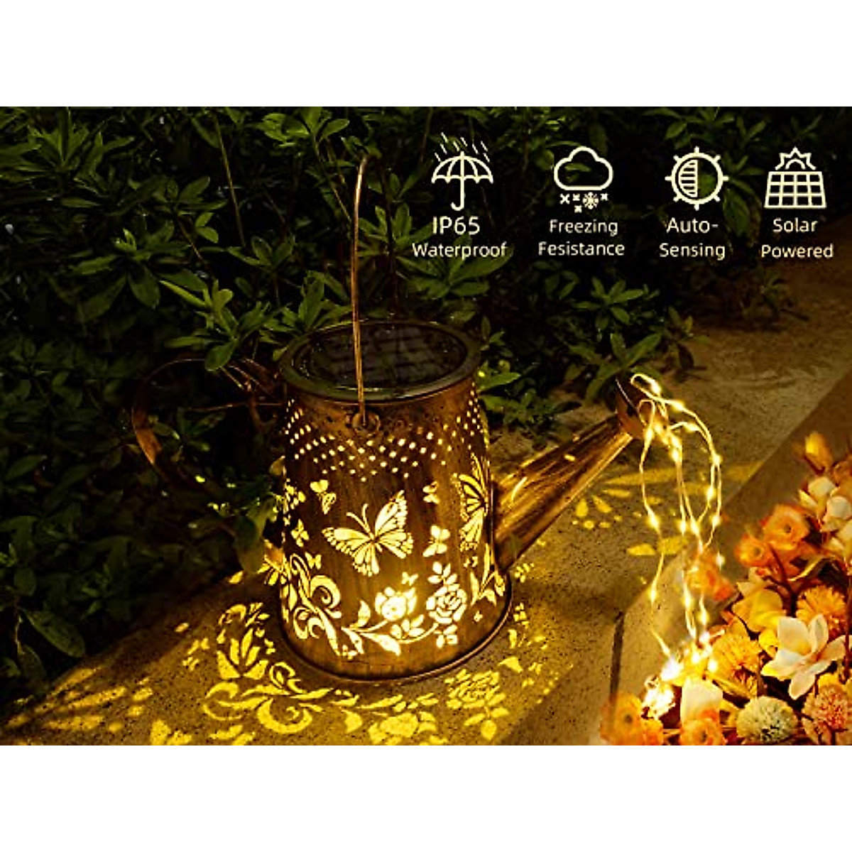 Qudamah Solar Watering Wan with Lights Waterproof Hanging Lantern Outdoor Garden Decorations LED Lights Butterfly Lights for Yard Patio Lawn Christmas Birthday Wedding Day , Upgraded Solar Panel