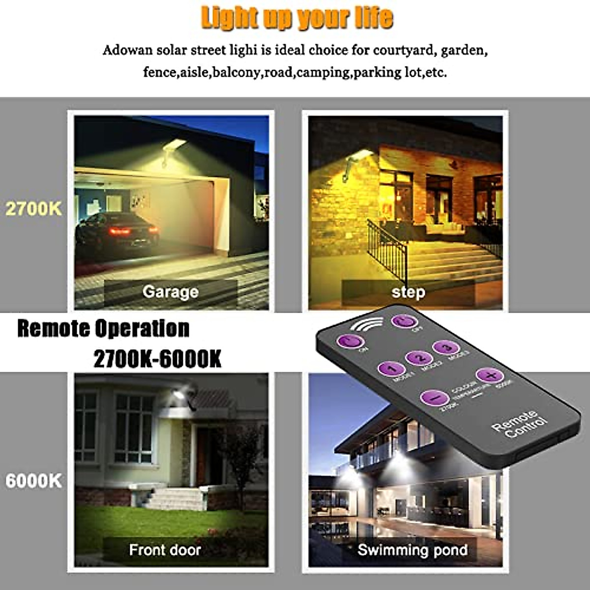Adowan LED Solar Outdoor Lights with Motion Sensor, 3 Lighting Modes Flood Lights with Remote Control, Waterproof Night Security Light for Garage Garden Street Shed Yard (2 Pack)