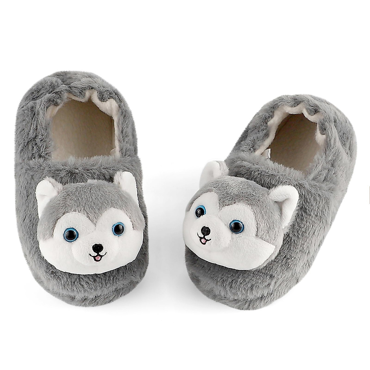 ESTAMICO Boys Girls Plush Warm Slippers Kids Cute Animal Winter Fur Lined Indoor Home Shoes, Grey Bear 9-10 Toddler