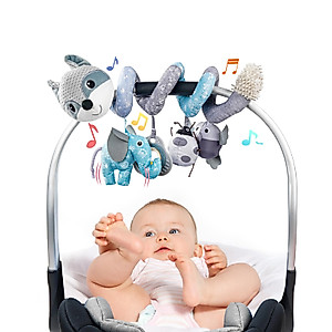 Jollybaby Baby Car Seat Stroller Toys, Plush Activity Hanging Spiral Activity Pram Crib with Music Box, Rattles, Squeaker for Babies Infant Boys Girls(Grey Fox)
