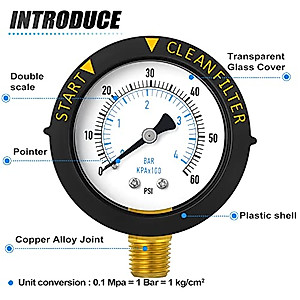MEANLIN MEASURE 0~60Psi Plastic Frame 1/4" NPT Start and Clean Filter Pressure Gauge，Suitable for Swimming Pool, spa, Aquarium，Lower Mount