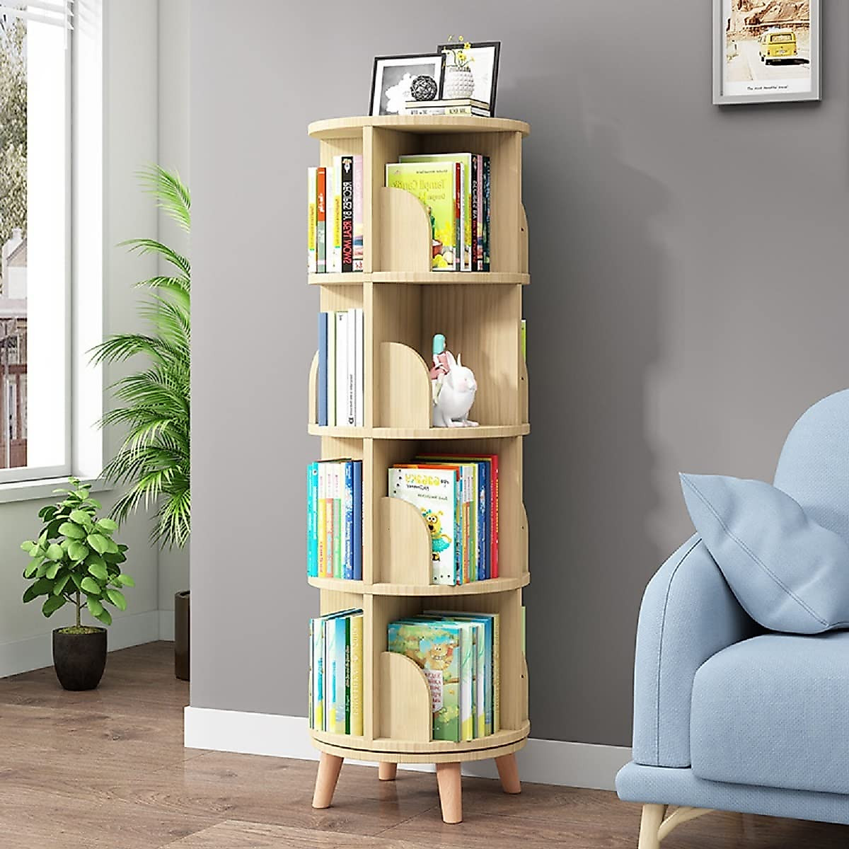 Gdrasuya10 4 Tier Rotating Bookshelf with Legs, Floor Standing Bookshelf Stackable Bookshelf Wood Bookcase Round Bookshelf 360 Display Book Shelf for Living Room Bedroom