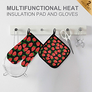 Pot Holders Oven Mitts Sets - Strawberry Fruit Cooking Gloves Hot Pads Non-Slip Potholders for Kitchen Grilling Cooking