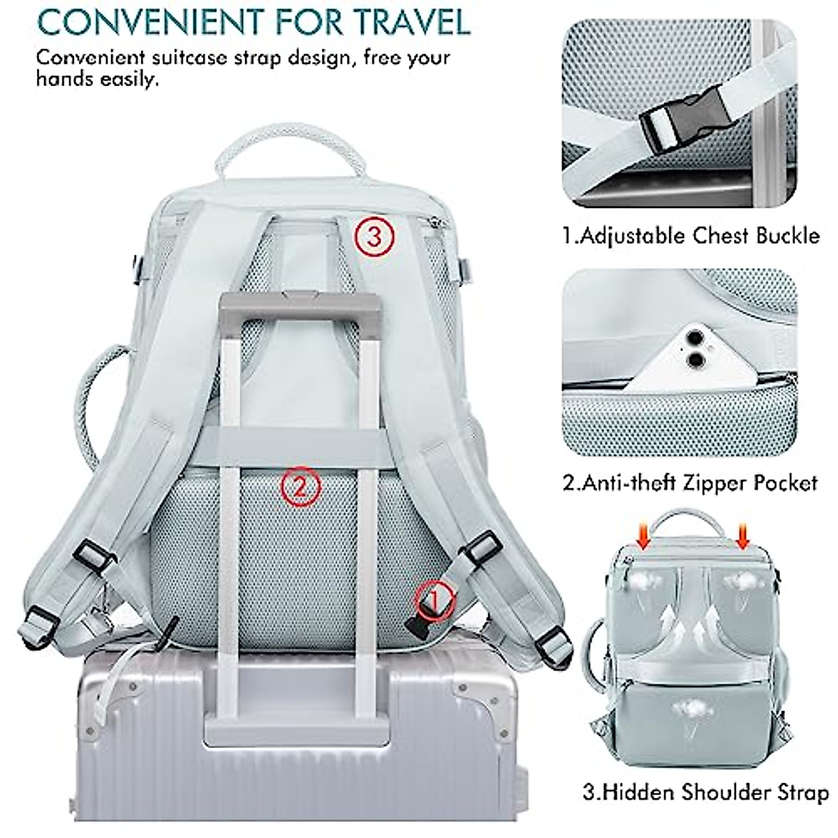 Beraliy Large Travel Backpack, Carry On Backpack, Women Airline Flight Approved luggage,17'' Laptop Backpack, 40L Outdoor Sports Business Hiking Overnight Backpack, Light-blue