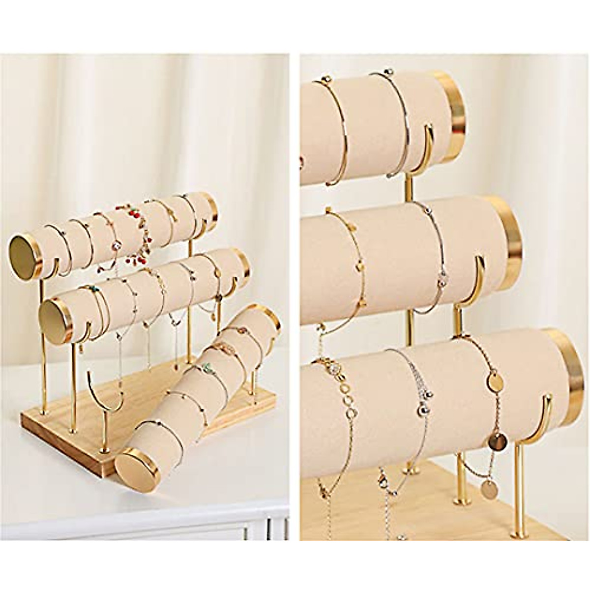 Aqerimit Detachable Bracelet Holder, Three Tier Racks Jewelry Display Stand, Stylish Velvet Wrist Watch Organizer, Beige