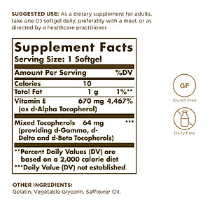 SOLGAR Vitamin E 670 mg (1000 IU) - 100 Softgels, Pack of 2 - Naturally Sourced - Gluten Free, Dairy Free - 200 Total Servings