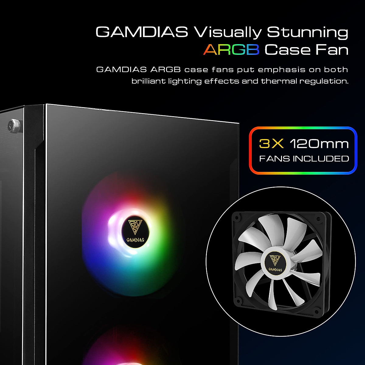 Gamdias RGB Gaming ATX Mid Tower Computer PC Case with Side Tempered Glass Panel and a Magnetic Dust Filter & 3 Built-in 120mm ARGB Fans