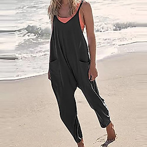 HUTJDHA Womens Plus Size Jumpsuits,Wide Leg Jumpsuits with Pockets Womens V-Neck Sling Jumpsies Plus Size