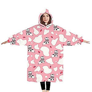 Blanket Hoodie Women Pink Cow Pattern Blanket Hoodie,Cute Strawberry Pattern Oversized Blanket Sweatshirt with Pockets for Adults,Thanksgiving Christmas Valentine Gifts for Women