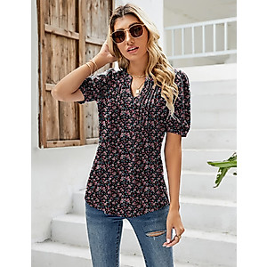 Micoson Womens Summer Pleated Blouses Loose V Neck Puff Short Sleeve Tunic Top for Leggings Floral Black Red L