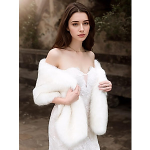 DJBM Women's Faux Fur Shawl Wraps Cloak Coat Sweater Cape for Evening Party Ivory/Brown