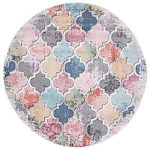 Safavieh Phoenix Collection 6'7" Round Blue/Red PHX531D Boho Trellis Non-Shedding Area Rug