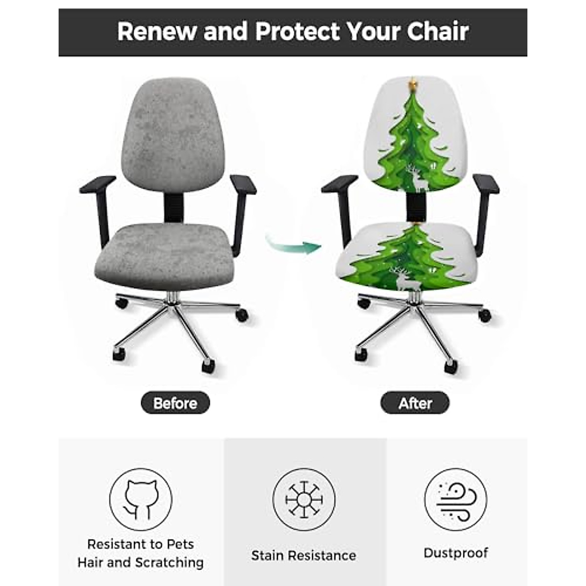 Christmas Tree Office Chair Cover Stretchable Computer Chair Seat Cover Backrest Slipcovers, Stretchable Rotating Desk Chair Seat Cushion Split Protectors Modern Geometric Green Elk Star Bird