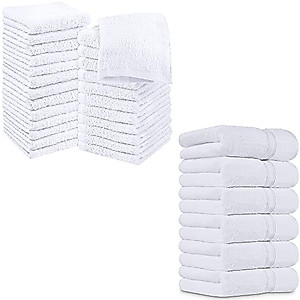 Utopia Towels Premium Bundle - 1 Cotton Washcloths White (12x12 inches),Pack of 24 with 1 White Hand Towels 600 GSM (16 x 28 inches), Pack of 6