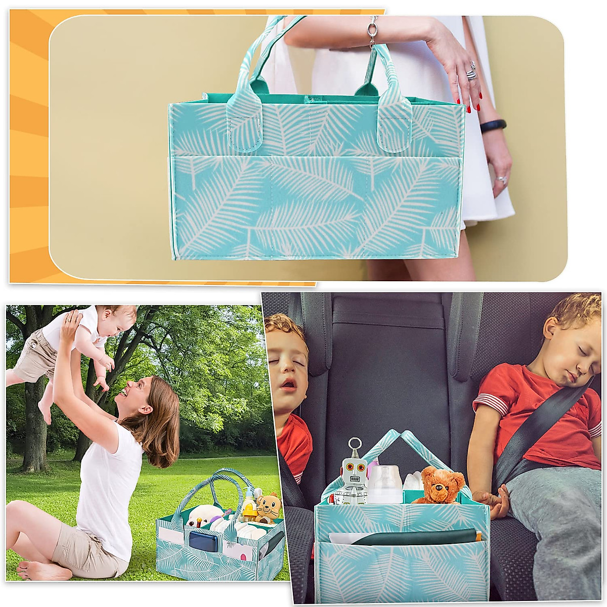 Felt Baby Diaper Caddy Organizer - Changing Table and Car Organizer for Diapers and Baby Wipes, Gift Registry For Baby Shower, Nursery Storage Basket and Bin, Green Leaves