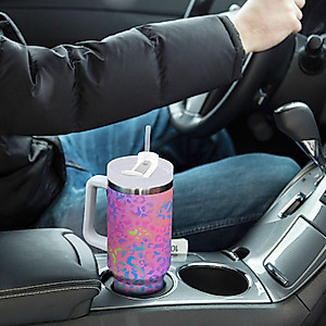 Bright Neon Leopard Tumbler with Handle and Straw Lid, Holographic Gradient 30 oz Insulated Coffee Cup Stainless Steel Water Bottle Travel Mug Cupholder Friendly,Gifts for Women Men