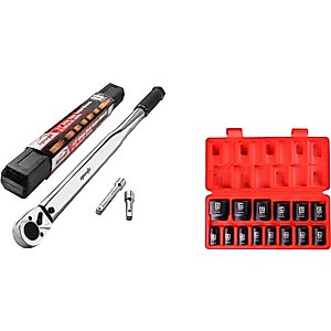 EPAuto 1/2-Inch Drive Click Torque Wrench 1/2-Inch Drive Metric Shallow Impact Socket Set, Cr-V