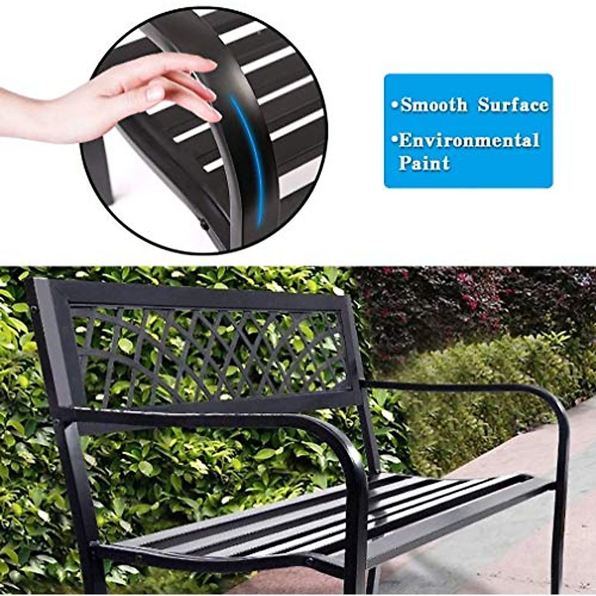 Garden Bench Patio Bench Outdoor Park Bench Metal Outside Porch Chair Seat Cast Iron Steel Frame Sturdy Bench Patio Furniture for Yard Porch Entryway Lawn Decor Deck, Black, 46 in