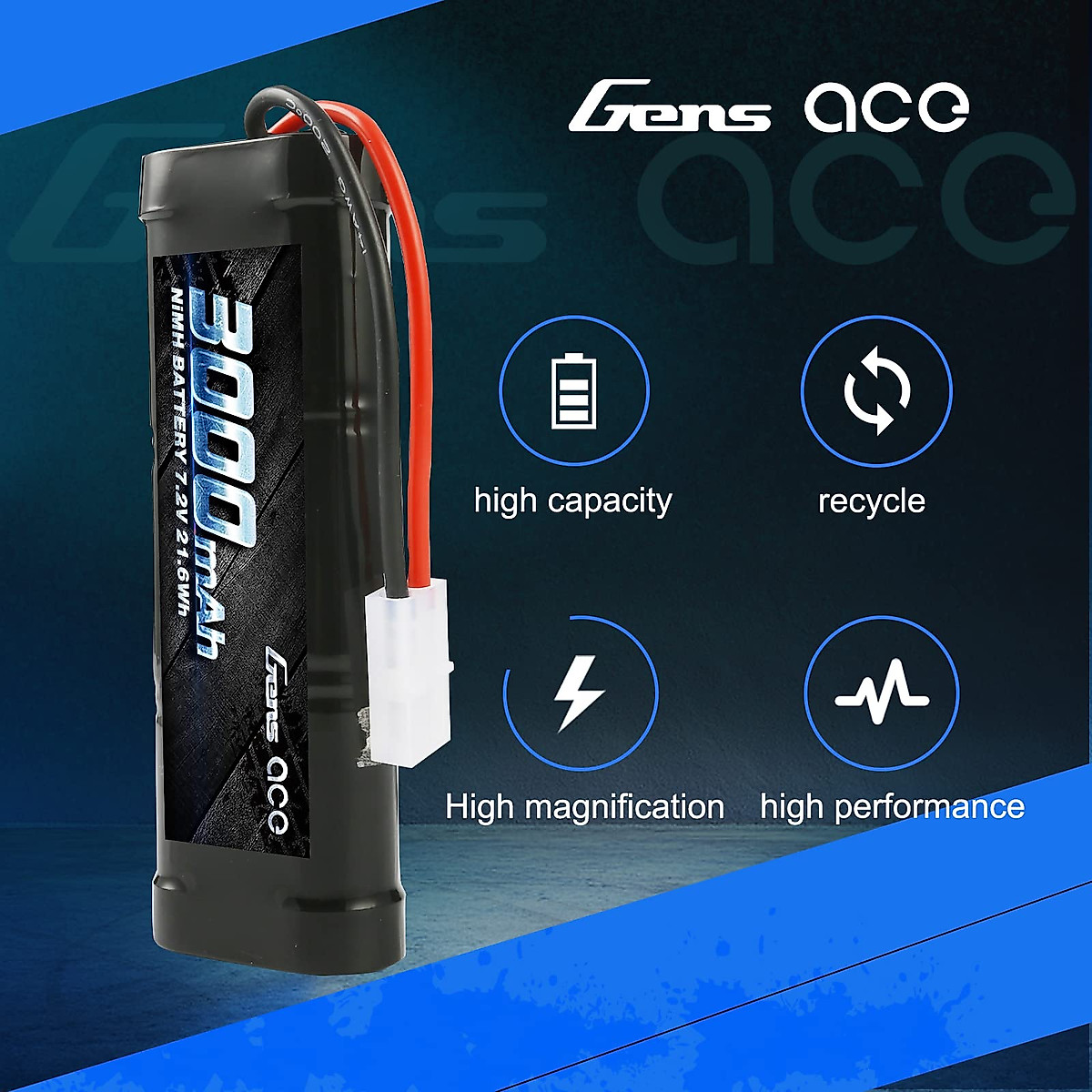 Gens ace 7.2V 3000mAh NiMH Battery High Power Rechargeable Low-self Discharge with Tamiya Plug for RC Cars Truggy Tank Electric RC Monster Truck Buggy Traxxas LOSI Associated HPI Tamiya Kyosho