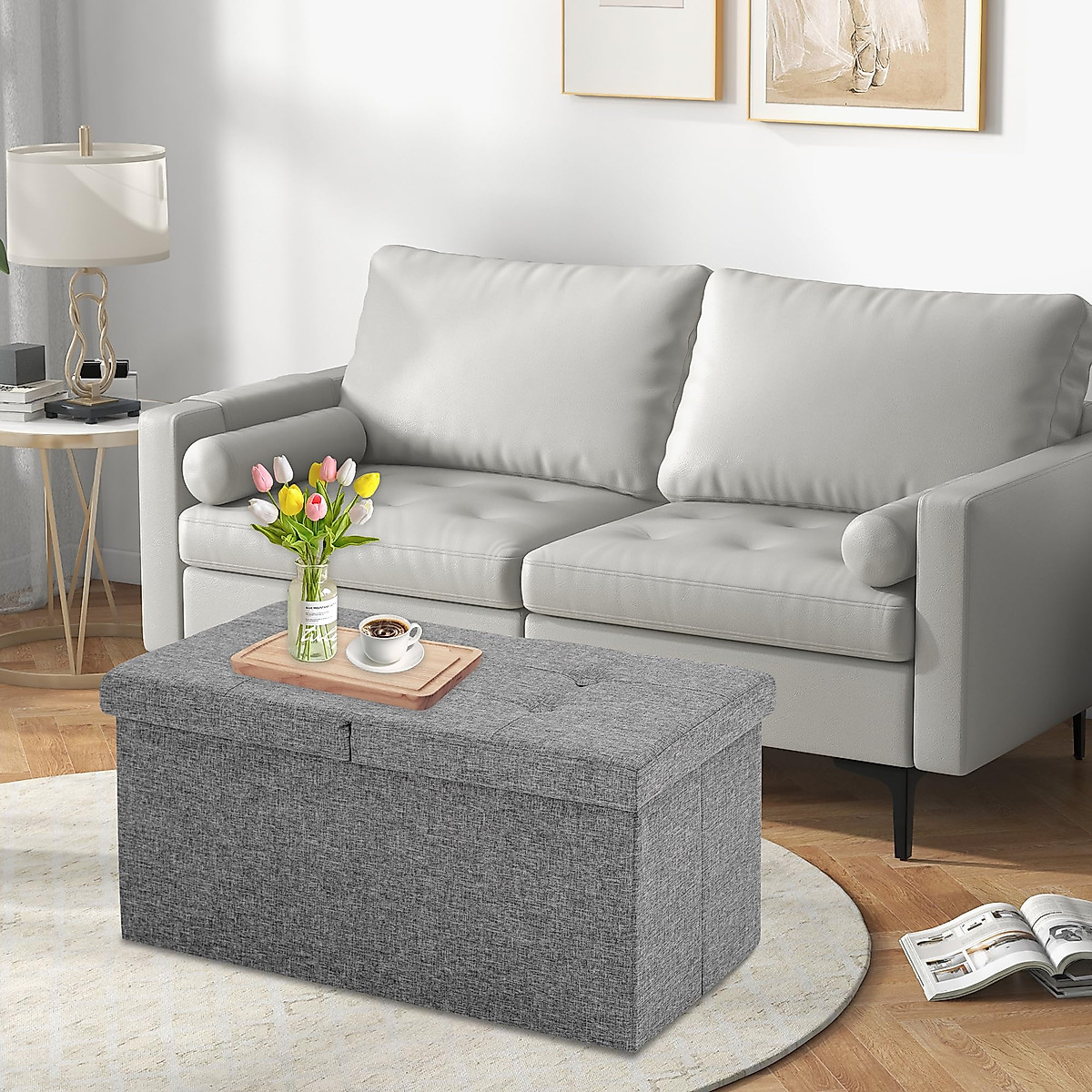 CAROLMADE 30 Inches Storage Ottoman Bench with Flipping Lid, Linen Foldable Storage Footrest, Ottoman with Storage for Living Room Holds up to 330lbs, Light Grey