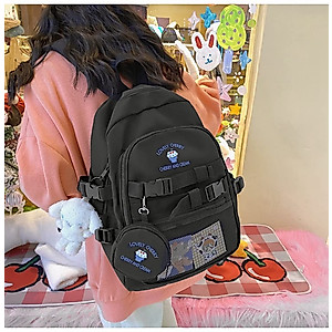 JHTPSLR Aesthetic Backpack with Purse and Plushies Cute Kawaii Backpack with Accessories Japanese Backpack Teen Girls Back to School Supplies (Black)