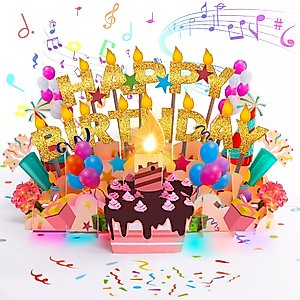 CUISH Birthday Cards with Lights & Music & Candle, 3D Pop Up Musical Happy Birthday Greeting Cards Decoration Gifts for Women Man Girl Boy Daughter Son