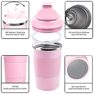 YINBAOGE Insulated Travel Coffee Mug Spill Proof Leak Proof Pobtable To Go Camping Stainless Steel Coffee Tumbler Reusable Coffee Cups with Lids Thermos for Hot and Cold Drink (Pink, 12 OZ)