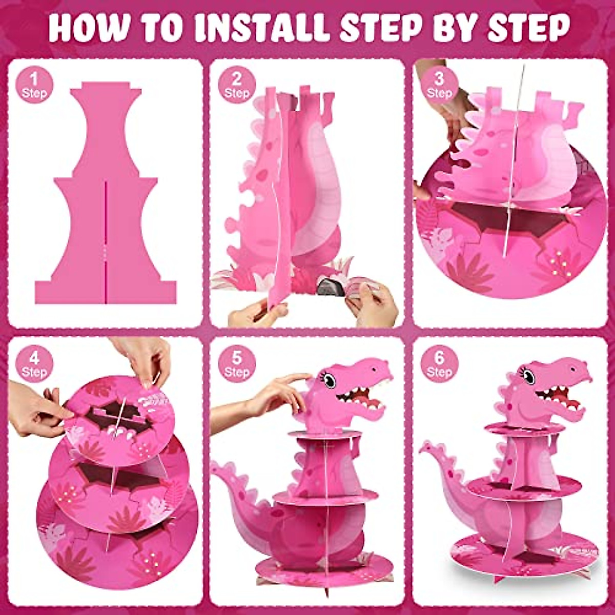 3 Tier Dinosaur Cupcake Stand Party Decorations Dinosaur Theme Cupcake Holder Decorations Dinosaur Dessert Tower for Kids Boys Jungle Dinosaur Theme Party Birthday Supplies (Pink)