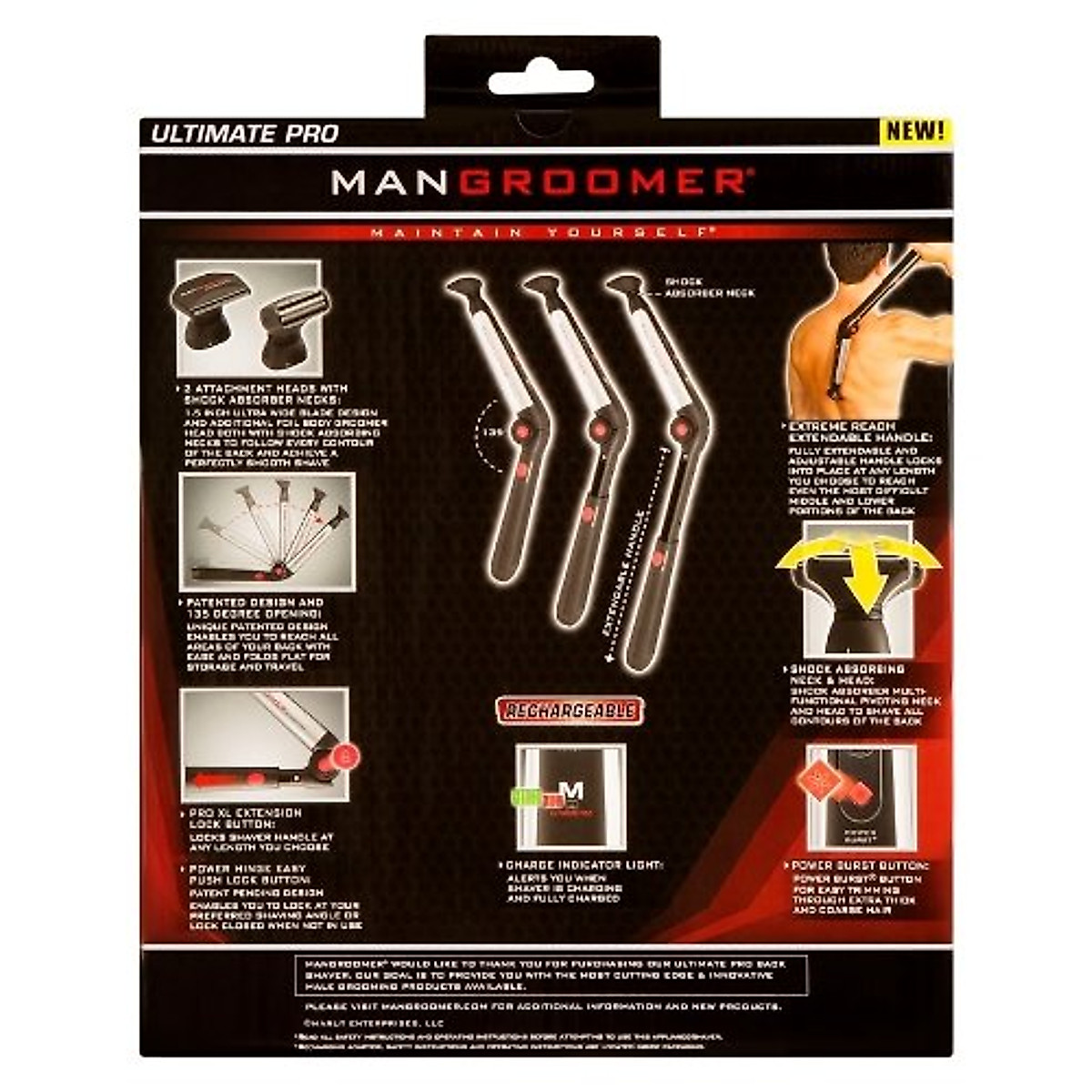 MANGROOMER - ULTIMATE PRO Back Shaver with 2 Shock Absorber Flex Heads, Power Hinge, Extreme Reach Handle and Power Burst
