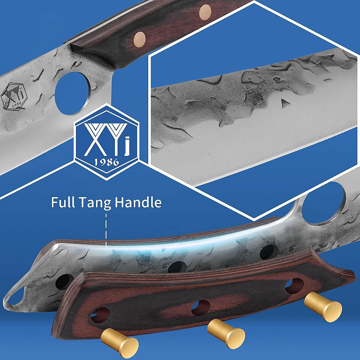 Authentic XYJ Since 1986,Camp Cooking Knives Set,High Carbon Steel Slicing Chef Knife With Kitchen Scissors,Carry Bag,Sharpener Rod,Butcher Meat Vegetable Knife,Full Tang,Hammer Finished