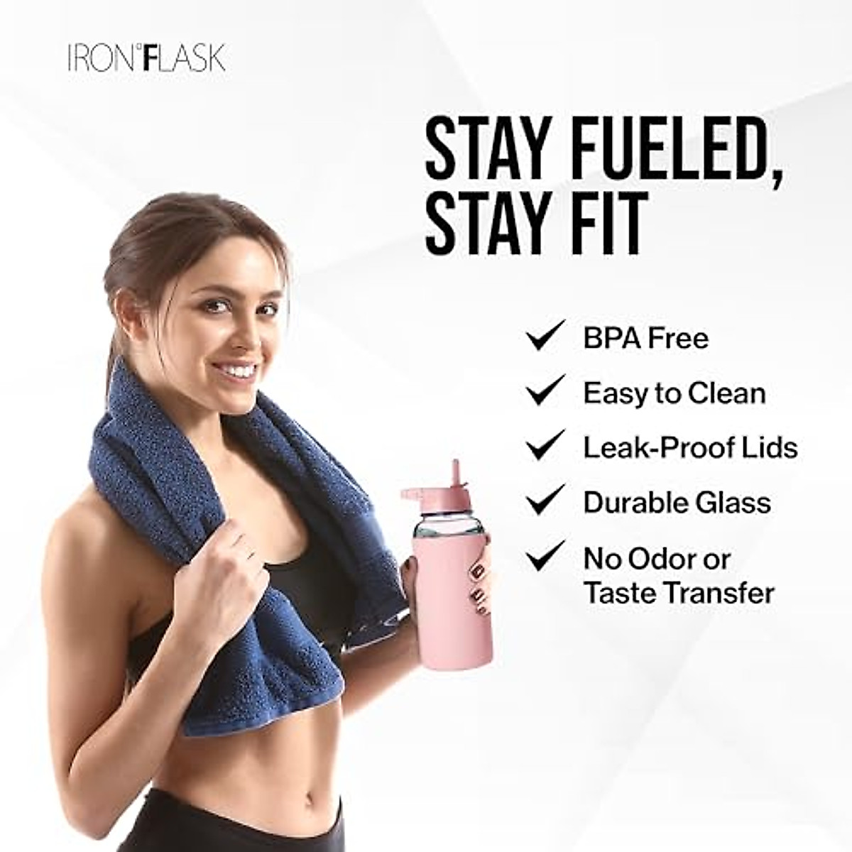 IRON °FLASK Glass Sports Water Bottle - Straw Lid, Airtight Leak Proof, Vacuum Insulated, Bosilicate Glass, Silicone Sleeve, Retains Temperature - Rose, 32 Oz