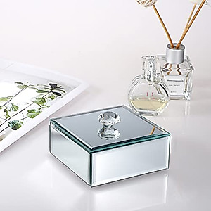 Hipiwe Silver Glass Mirrored Jewelry Box with Crystal Handle Square Trinket Organizer Treasure Chest Case Classic Keepsake Box for Storage Rings Earrings Necklace Bracele (Small, Silver)