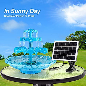 Mademax 3 Tier DIY Solar Fountain with 24-Hours Working and Lights, Upgrade 3.5W Solar and Electric Pump, Solar Powered Bird Bath Fountain Water Feature for Bird Bath, Garden, Balcony, Outdoor