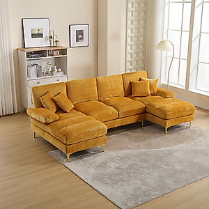 SULOPS Chenille Modern Large Accent Sofa Cloud Couch, 114" Wide U-Shaped 4-6 Seat Living Room Sofa Set, Indoor Modular Sectional Sofa Couches with 2 Chaise Lounges (Yellow-Wave)
