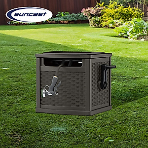 Suncast 150 Foot Slide Trak Outdoor Garden Wicker Resin Water Hose and Reel Hideaway with Brass Connections for Patio or Backyard, Java