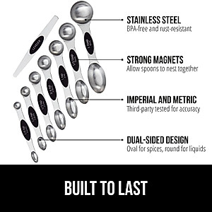 Gorilla Grip Magnetic Measuring Spoons 8 Piece Set, Stainless Steel Metal Cups, Dual Sided Nesting Design, Metric and US, Precise Teaspoon Measurements, Baking and Cooking Supplies, Gifts, Black