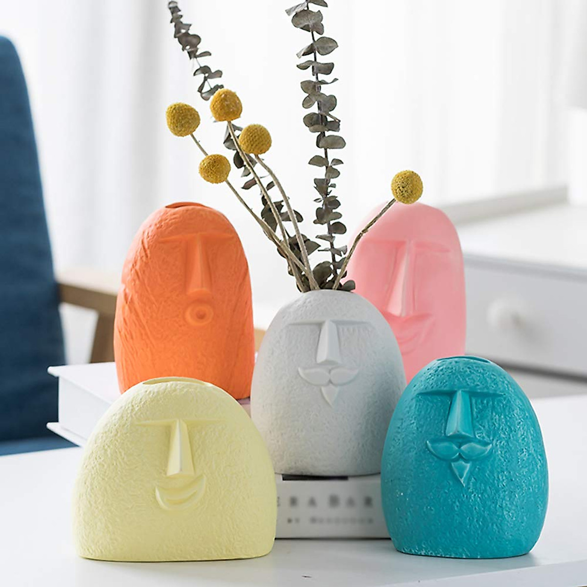 Souleden Statue Face Head Vase Creative Art Ceramic Flower Vase Small Irregular Plant Pots Desktop Expression Planter for Home Abstract Decor Living Room Office Wedding Indoor Outdoor Garden (White C)