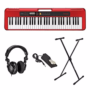 Casio CT-S200 61-Key Digital Piano Style Portable Keyboard with 400 Tones, Red Bundle with Stand, Studio Monitor Headphones, Sustain Pedal