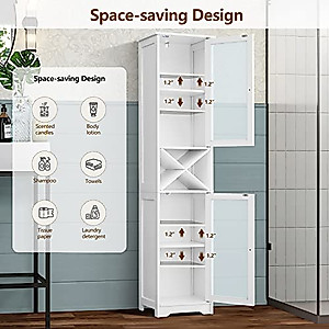 Iwell Tall Bathroom Storage Cabinet with 2 Doors & Adjustable Shelves, Bathroom Floor Cabinet with Removable X-Shaped Stand, Linen Cabinet, Narrow Cabinet for Bathroom, Living Room, White