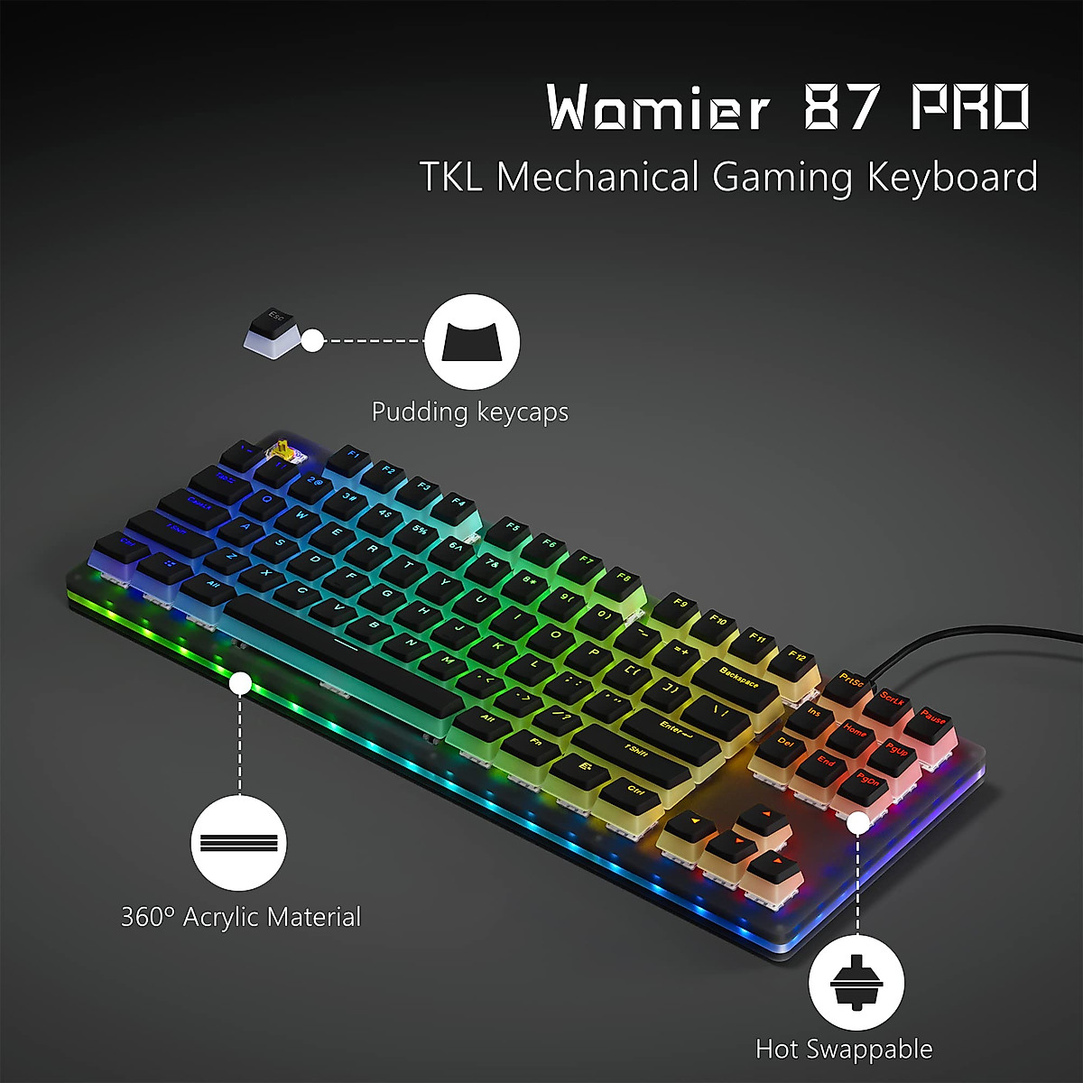 XVX Womier 75% Keyboard, TKL Mechanical Gaming Keyboard, Hot Swappable Black Keyboard, K87 PRO with Pudding Keycaps Wired RGB Keyboard for PC PS4 Xbox - Yellow Switch