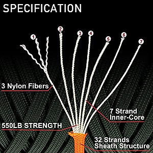 XKDOUS 550 Paracord 50ft Black Parachute Cord, 100% Nylon 7 Strand Inner Core Type III Tactical Paracord Rope, Outside Survival Gear for Bracelets, Lanyards, Handle Wraps, Camping & Hiking